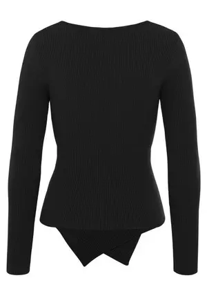 LASCANA Ribbed Knit Overlapping V-neck Sweater - Black