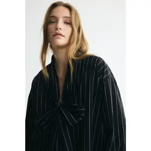 H&m Cotton Blouse With Scarf Collar - Black/pinstriped