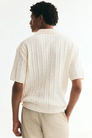 H&m Relaxed-fit Cable-knit Polo Shirt - Cream