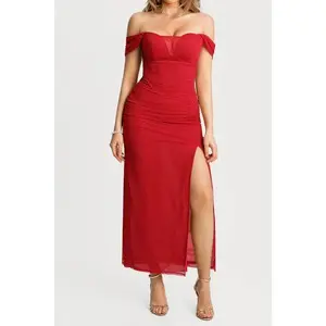 POPILUSH Sculpting Floral Off-the-shoulder Midi Dress - Ruby