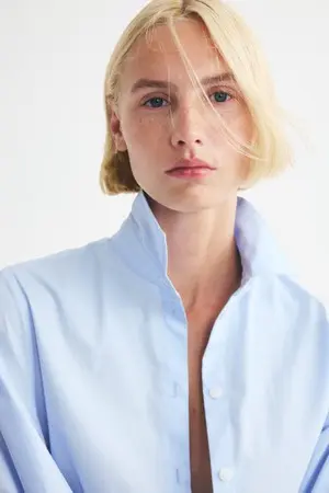 H&M Balloon-sleeved Cotton Shirt - Light Blue