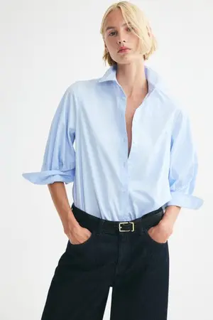 H&M Balloon-sleeved Cotton Shirt - Light Blue
