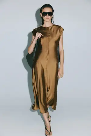 H&m Satin Midi Dress - Dark Beige