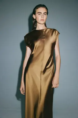 H&m Satin Midi Dress - Dark Beige