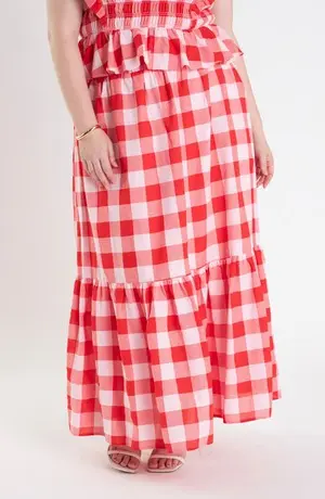 English Factory Gingham Midi Skirt - Pink/red