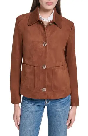 Cole Haan Faux Suede Button Front Jacket - Cognac