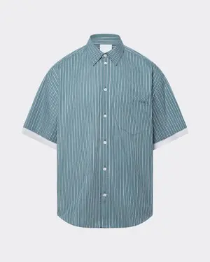 LE PERE Double Short Sleeve Button Down Shirt - Office Green