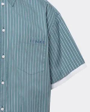 LE PERE Double Short Sleeve Button Down Shirt - Office Green
