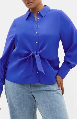 City Chic Isabella Tie Front Shirt - Ocean Blue