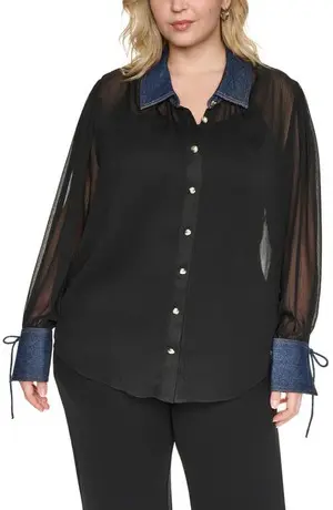 Karl Lagerfeld Paris Crinkle Chiffon Shirt With Denim Trim - Black