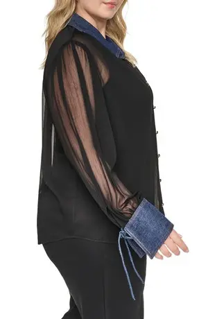 Karl Lagerfeld Paris Crinkle Chiffon Shirt With Denim Trim - Black