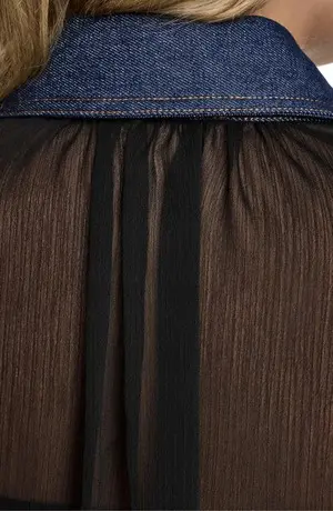 Karl Lagerfeld Paris Crinkle Chiffon Shirt With Denim Trim - Black