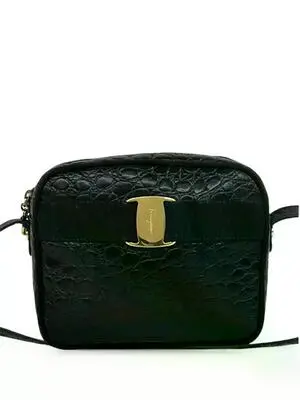FERRAGAMO 1980-1990 Croc Embossed Leather Vara Crossbody Bag - Black