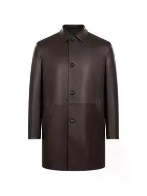 Kiton Single-breasted Leather Coat - Brown