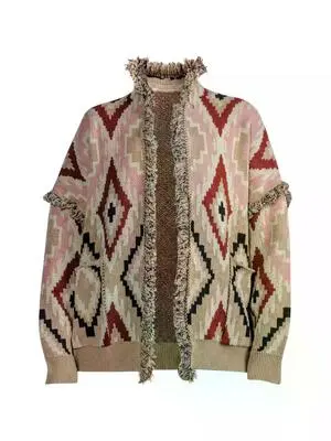 TENSIONE IN Geometric-pattern Fringed-trim Cardigan - Neutrals