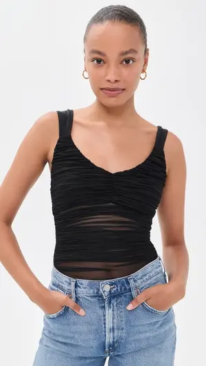 Alice + Olivia Renee Sheer Ruched V-neck Bodysuit