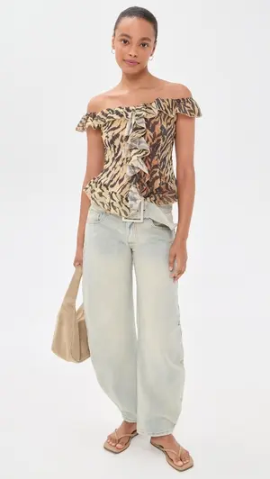 Lioness Off-shoulder Ruffle Print Top - Tiger