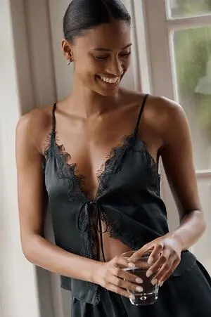 LYREBIRD Silken Lace-trim Flyaway Tank Top - Jet Set