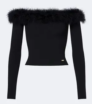 Gucci Feather-trimmed Ribbed-knit Top - Black