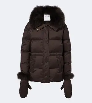YVES SALOMON Set Of Calf-hair Trimmed Down Jacket And Gloves - Brown