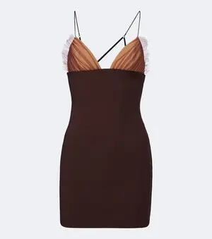 NENSI DOJAKA Ruched Jersey Minidress With Tulle Trim - Brown