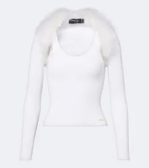 Gucci Ribbed-knit Shrug And Tank Top Set With Feather Embellishment - White