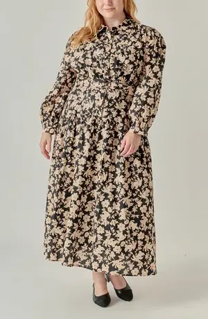 English Factory Floral Print Cotton Midi Dress With Belt - Navy/green