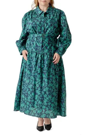 English Factory Floral Print Cotton Midi Dress With Belt - Navy/green