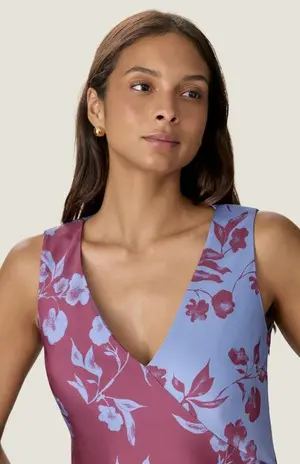 Rebecca Taylor Floral Print Mix Asymmetrical V-neck Sleeveless Dress