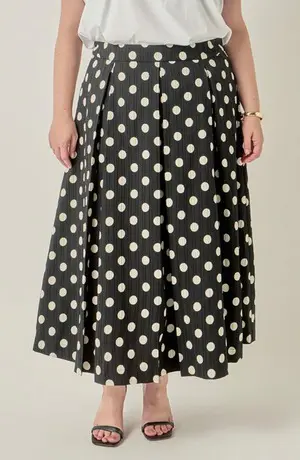English Factory Polka Dot Pleated Midi Skirt - Black