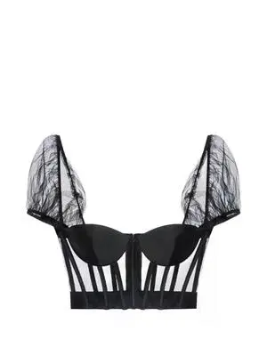 Elisabetta Franchi Mesh And Gazar Bustier Top With Puff Sleeves - Black