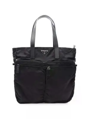 Prada Saffiano Leather Logo Plate Tote Bag - Black