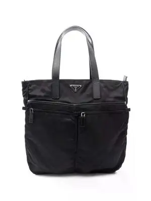 Prada Saffiano Leather Logo Plate Tote Bag - Black