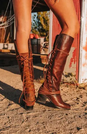 FREEBIRD Coal Tall Lace-up Distressed Leather Boots - Cognac