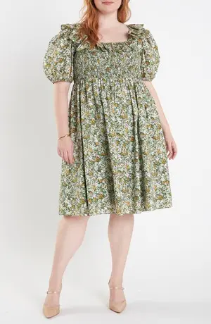 English Factory Smocked Puff Sleeve Floral Cotton Dress - Green Multi