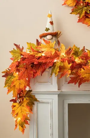 GLITZHOME Fall Lighted Maple Leaves Garland With Timer