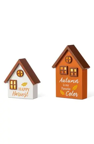 GLITZHOME Set Of 2 Lighted Fall Wooden House-shaped Table Decor - Orange