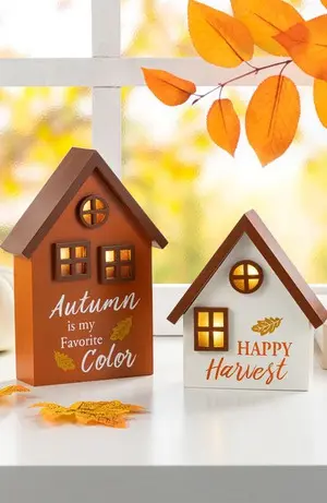 GLITZHOME Set Of 2 Lighted Fall Wooden House-shaped Table Decor