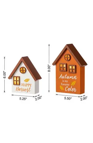GLITZHOME Set Of 2 Lighted Fall Wooden House-shaped Table Decor
