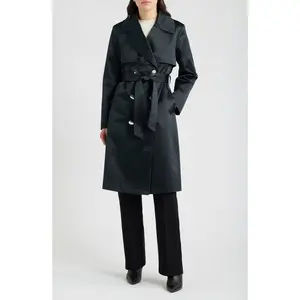 Via Spiga Double Breasted Satin Trench Coat - Black