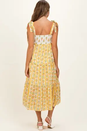 PINKBLUSH Striped Floral Shoulder Tie Midi Dress
