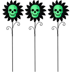 GLITZHOME Set Of 3 Halloween Metal Sunflower Skulls Glow-in-dark Yard Stakes - Black