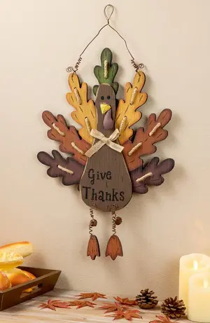 GLITZHOME Burlap Wooden Turkey Wall Decor
