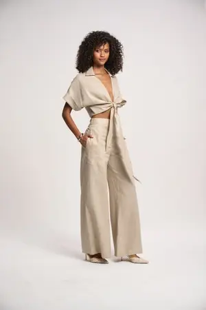 JBQ Oslo 2.0 Wide Leg Linen Trousers - Biscuit