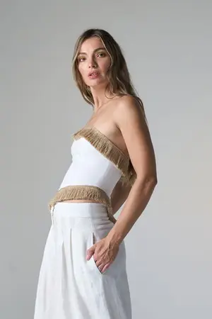 JBQ Morgan Strapless Linen Corset Top With Fringe Trim