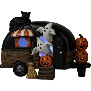 GLITZHOME Halloween Polyresin Lighted Camper With Ghost Cat Table Decor - Black