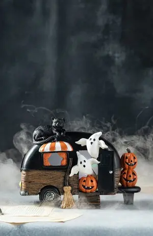 GLITZHOME Halloween Polyresin Lighted Camper With Ghost Cat Table Decor