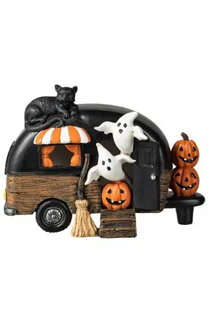GLITZHOME Halloween Polyresin Lighted Camper With Ghost Cat Table Decor