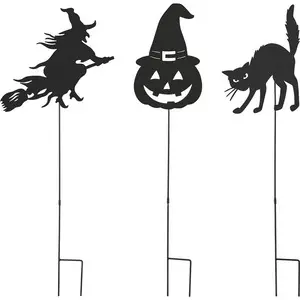 GLITZHOME Set Of 3 Halloween Metal Silhouette Yard Stake Or Hanging Decor - Black