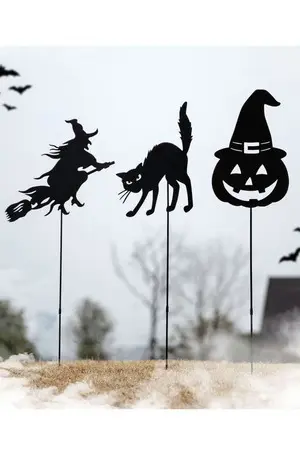GLITZHOME Set Of 3 Halloween Metal Silhouette Yard Stake Or Hanging Decor